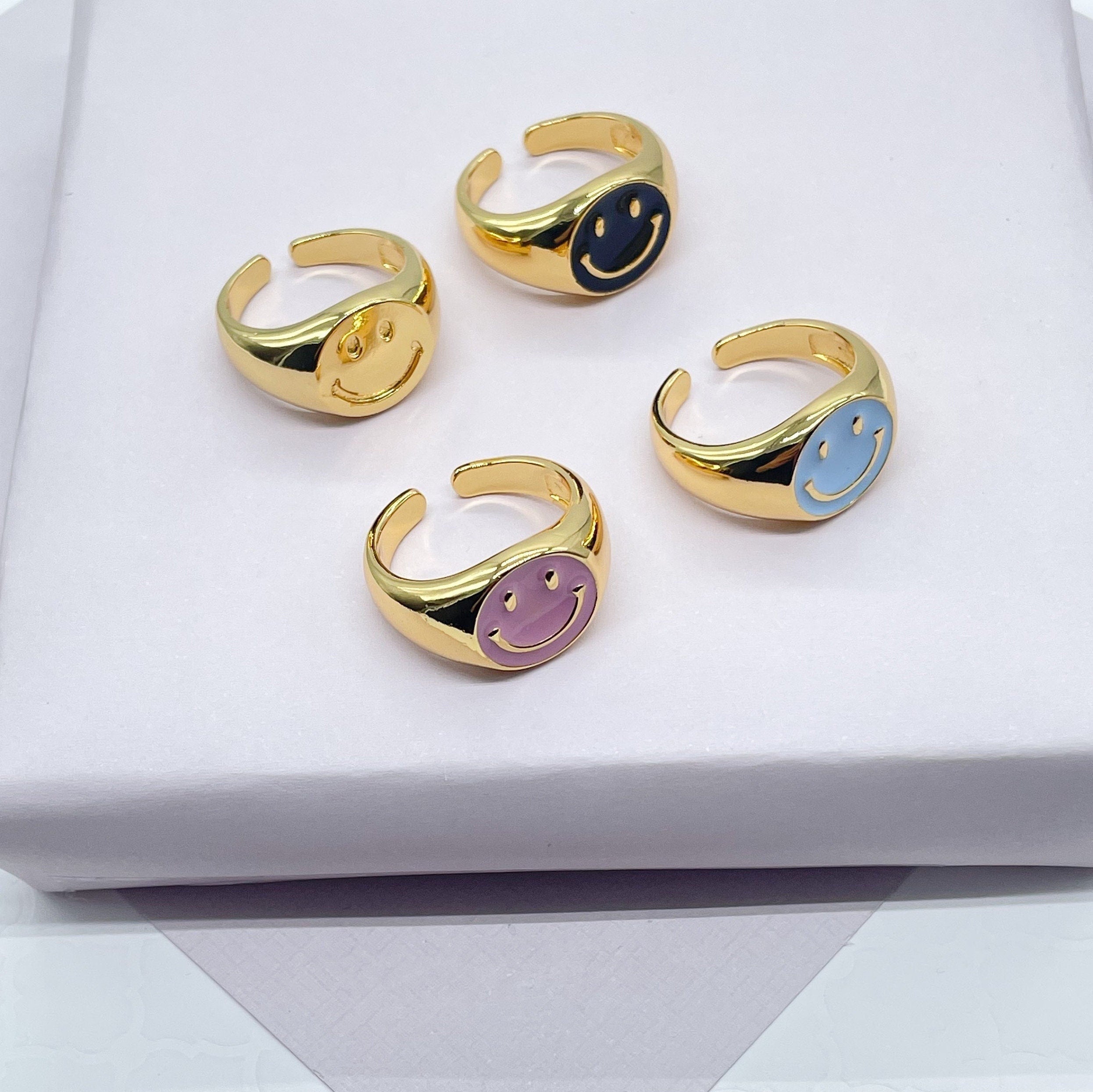18k Gold Filled Adjustable Smiling Face Rings with Enamel Colors Adjus ...